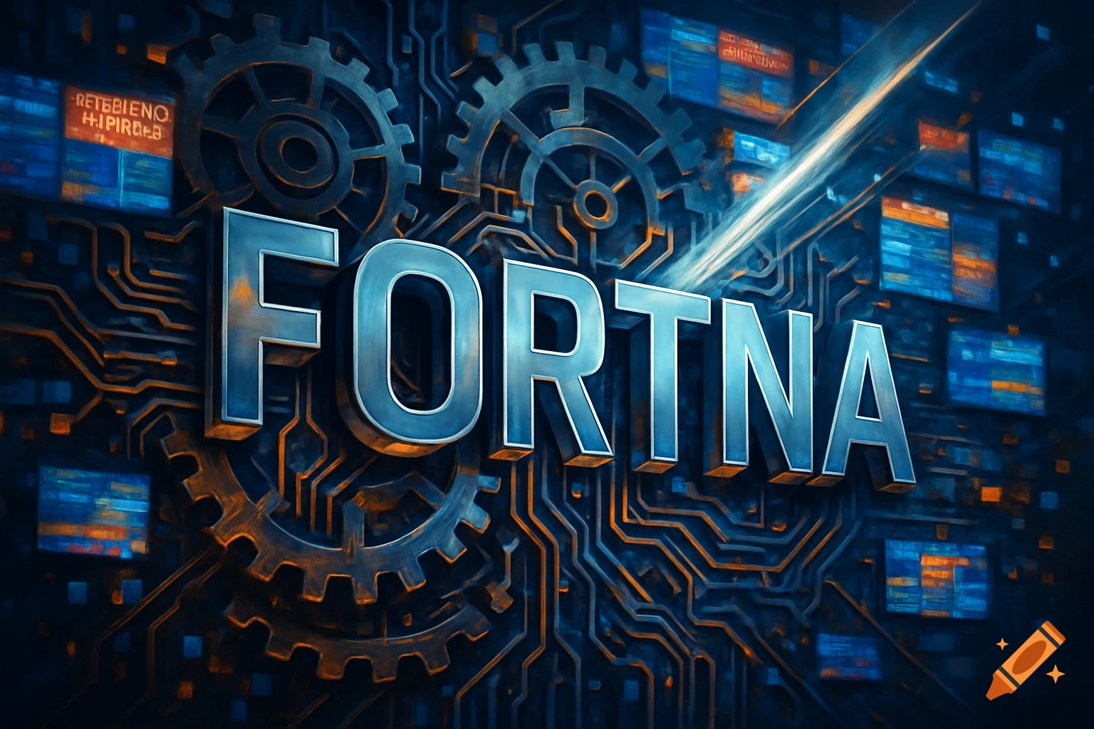 A 3D rendered word "FORTNA" in metallic blue, set against a background ...