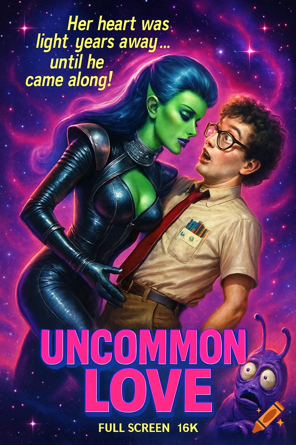 Retro movie poster for 'Uncommon Love' showing a green-skinned alien ...