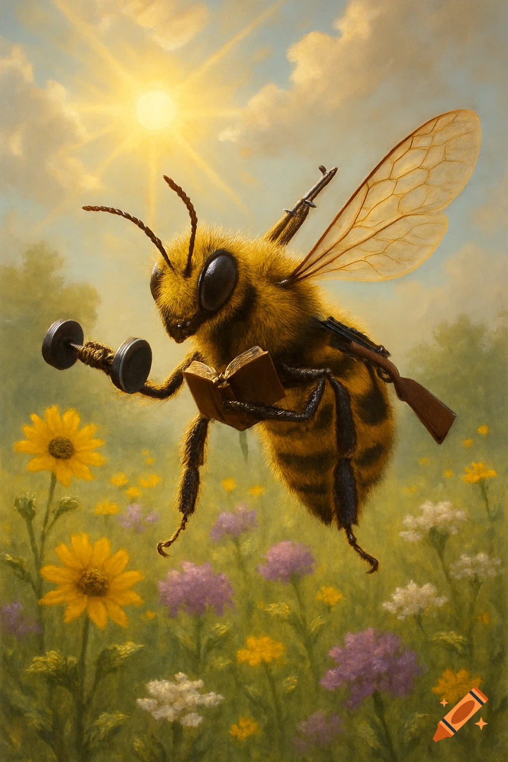 A giant bumblebee holds a golf club, about to hit a golf ball on a lush ...
