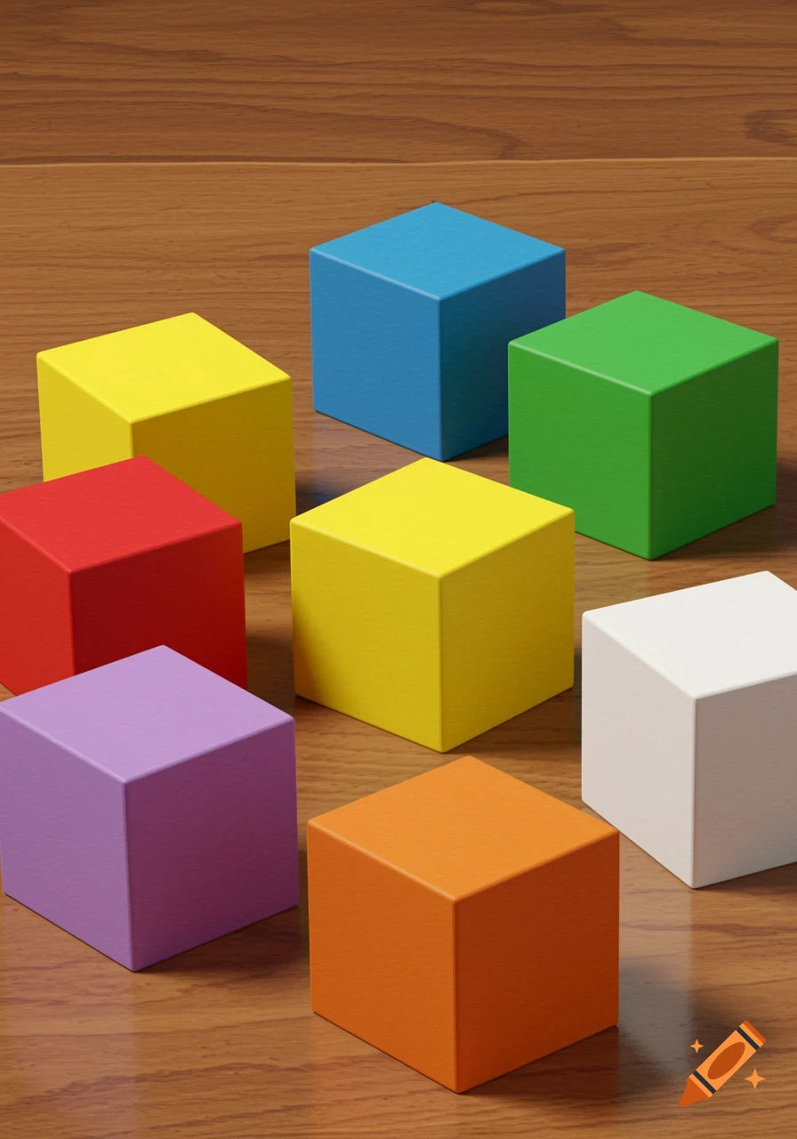 Seven colorful blocks scattered on a wooden floor. on Craiyon