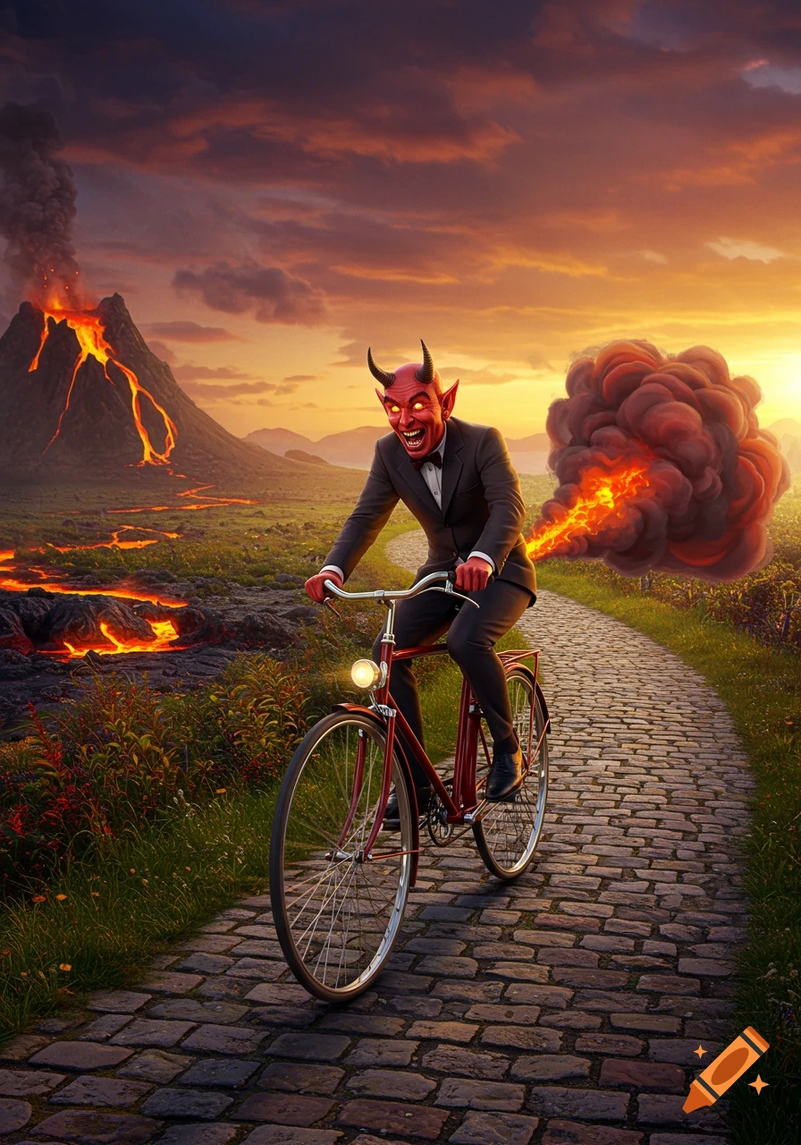 A red devil's head, screaming and crying, emerges from a vibrant field ...