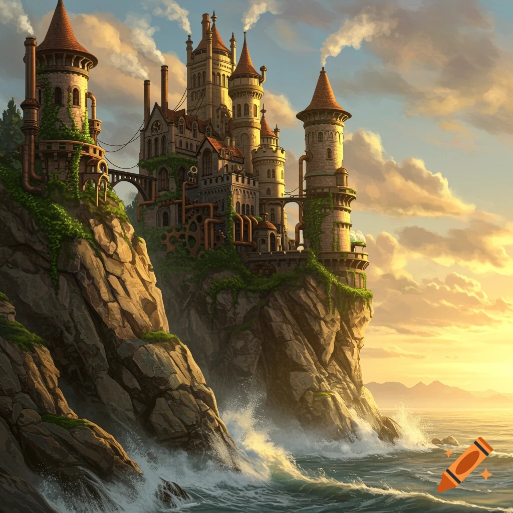 Two majestic castles on cliffs overlook a sea strait at sunset, with ...