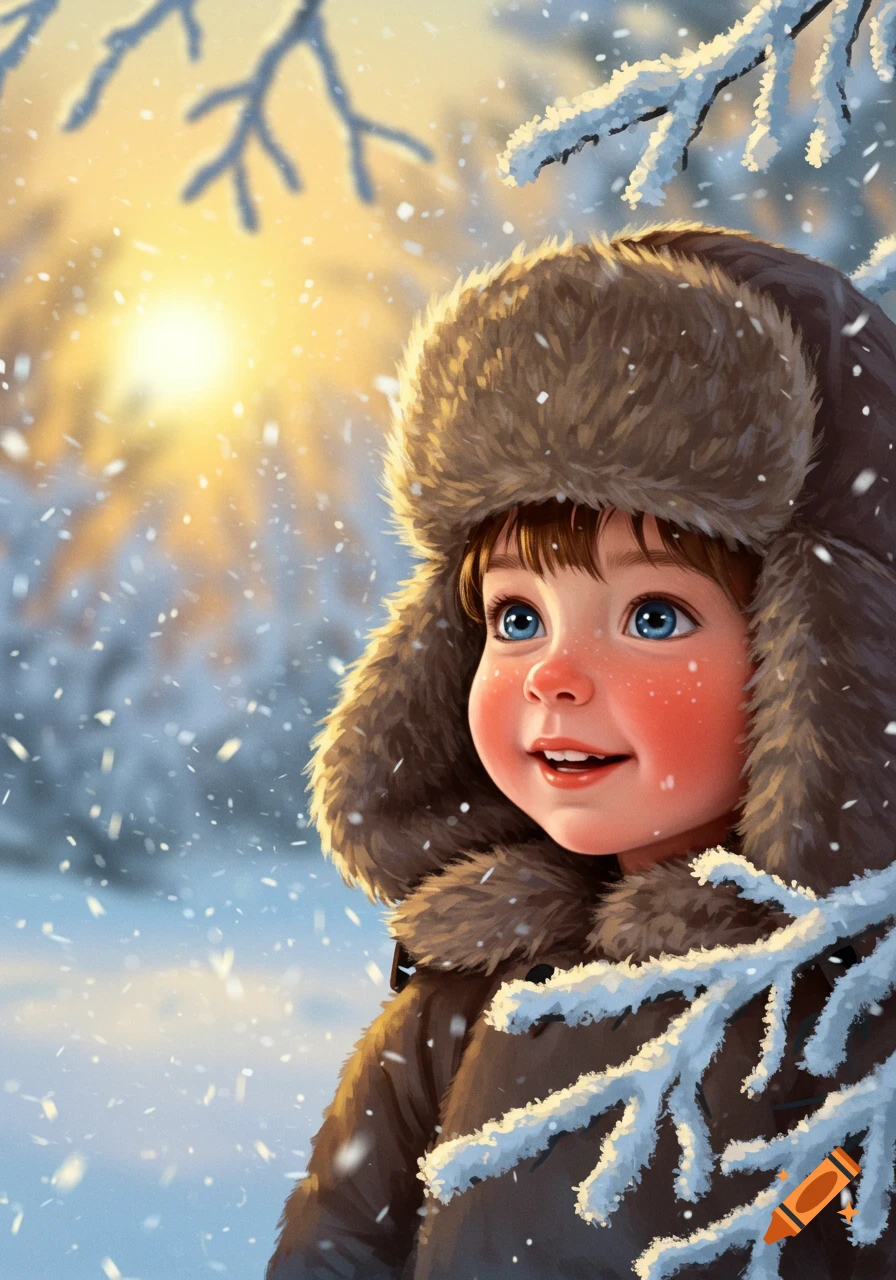 A happy child in a fur hat smiles, looking up at falling snow in a bright winter landscape. on ...