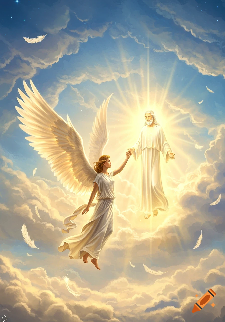 An ethereal angel with large glowing wings floats in a celestial sky ...