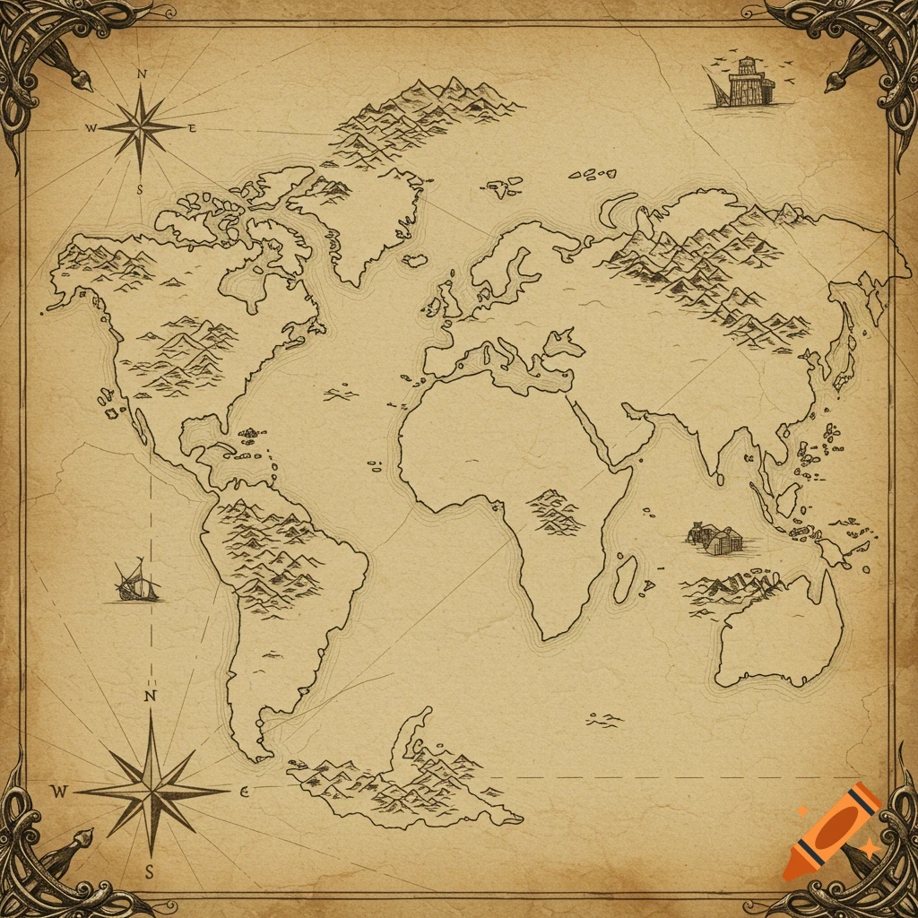 An old world fantasy map on weathered parchment with continents ...