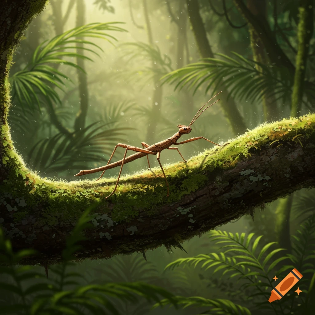 A stick insect camouflaged on a mossy tree branch in a sunlit jungle ...