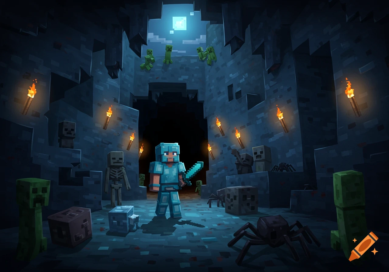 Minecraft-style quarry at sunset, with blocky characters mining and ...