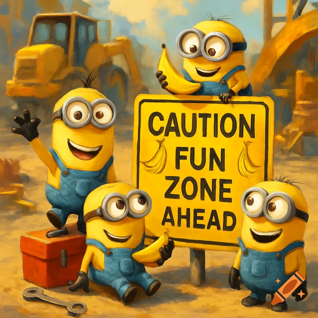 Five happy minions are on a construction site, posing around a yellow ...