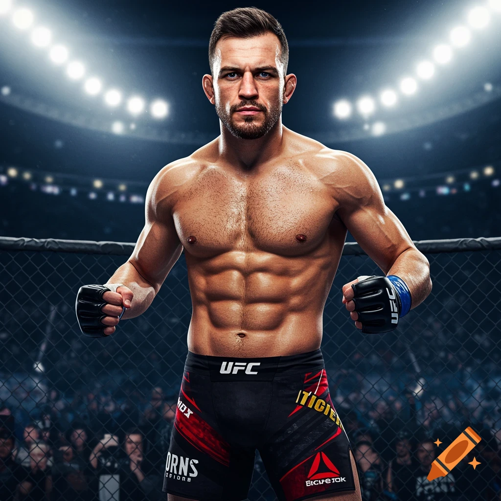 Photorealistic image of a muscular male MMA fighter shirtless in an ...