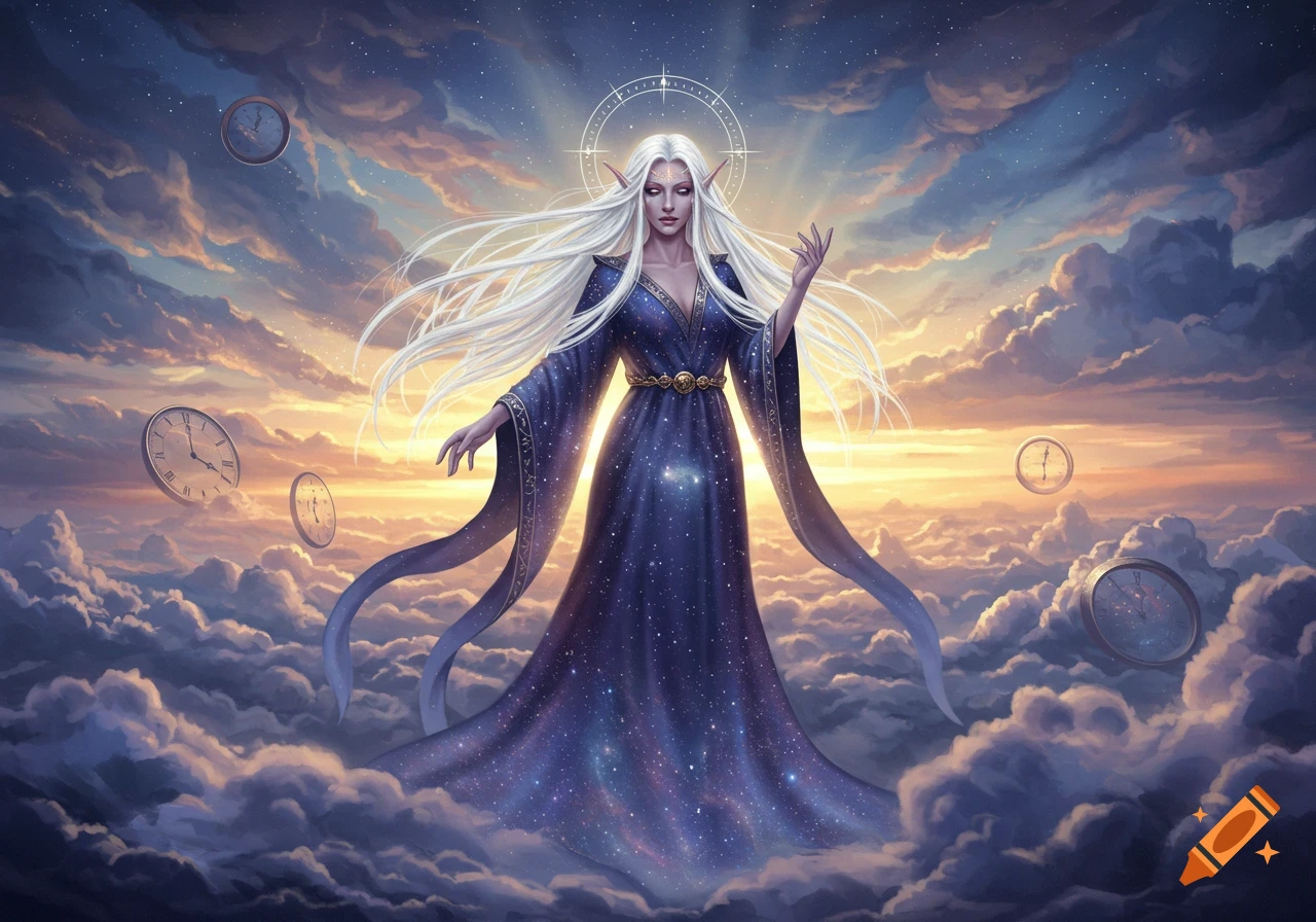 A celestial woman in a sparkling blue gown stands amidst clouds under a ...