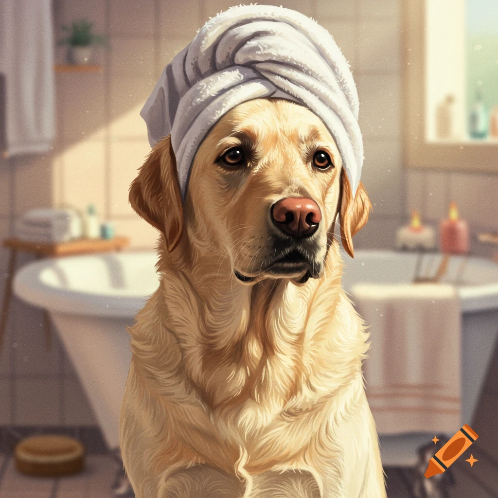 A photorealistic yellow lab dog wearing a white towel on its head in a bathroom setting. on Craiyon