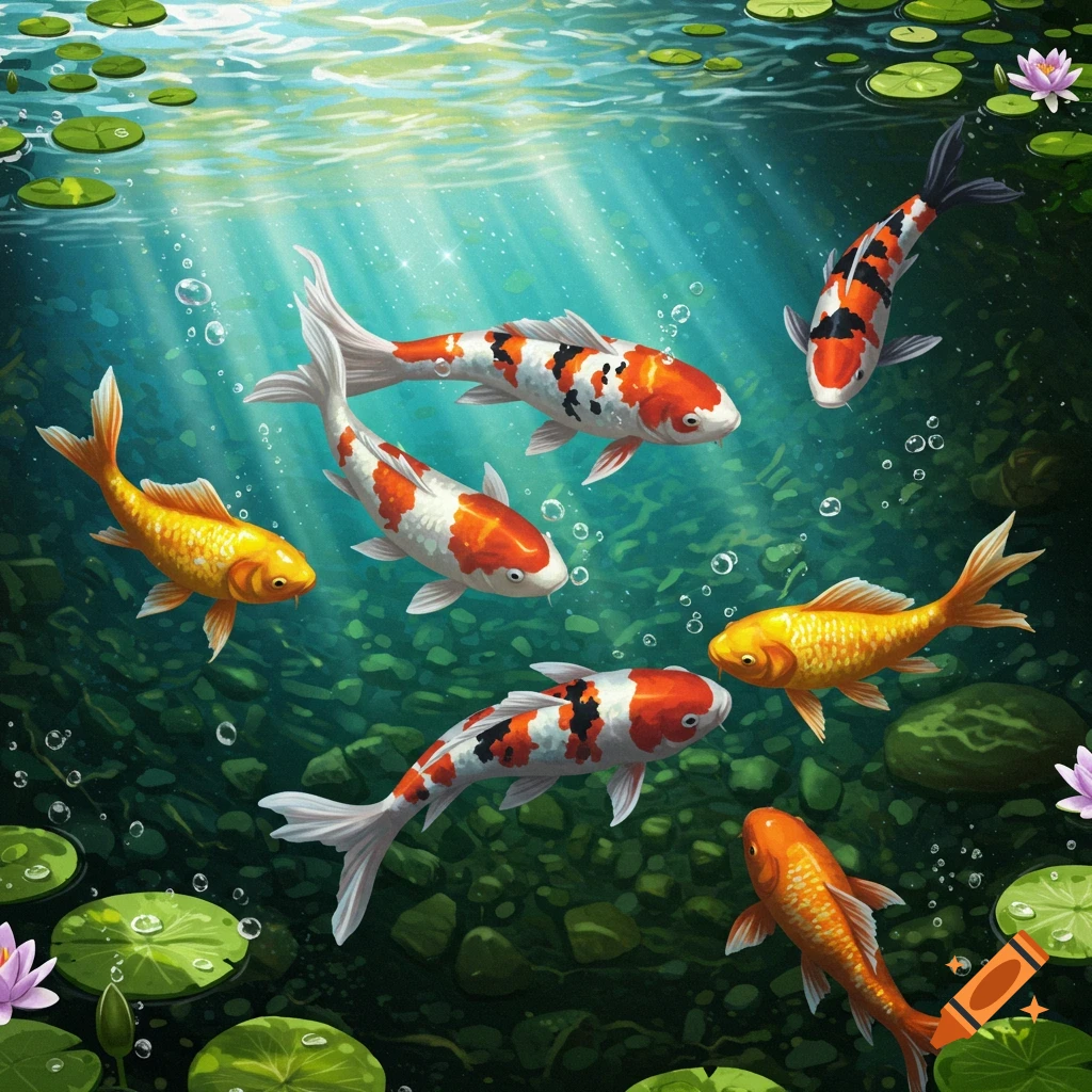 An overhead illustration of a vibrant red and gold koi fish swimming in ...