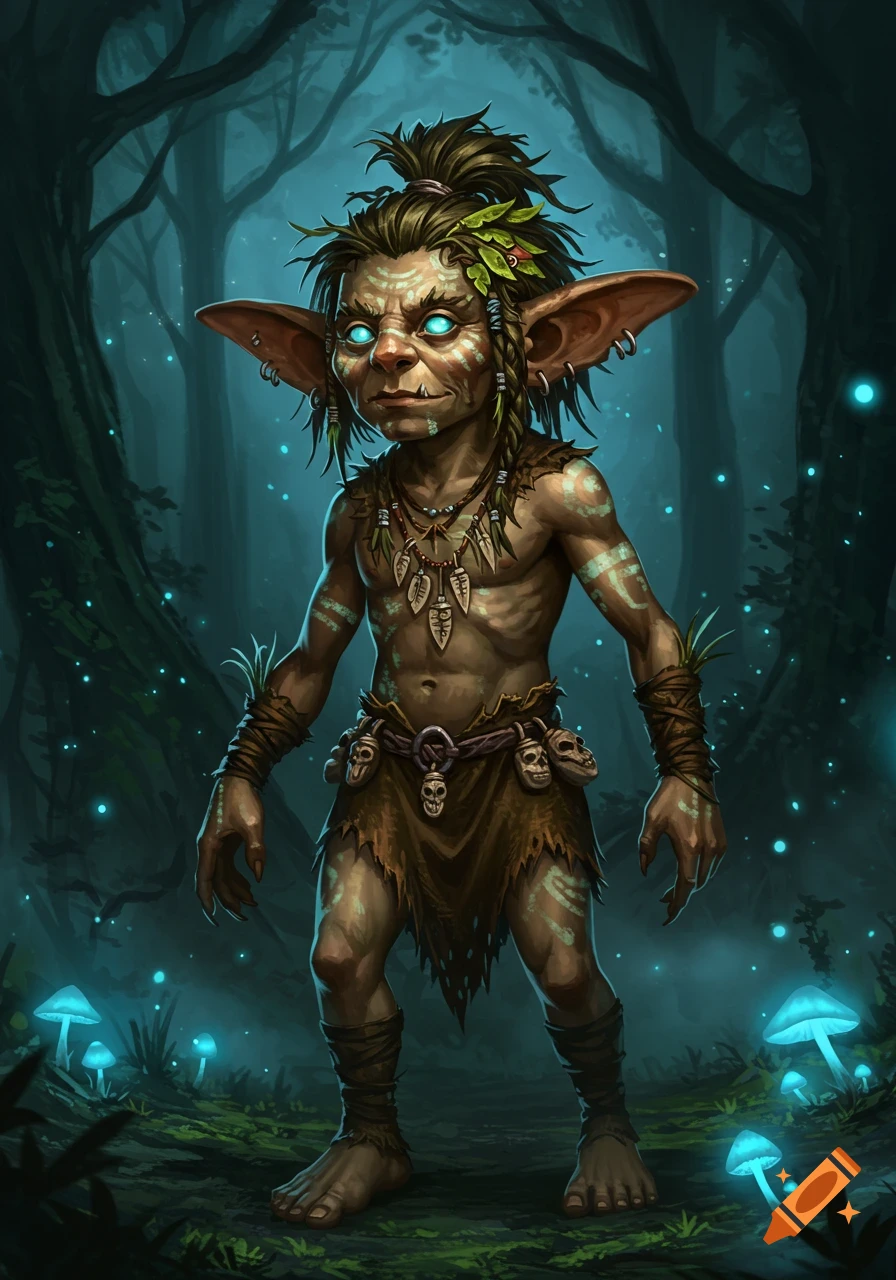 Cartoon illustration of a green-skinned goblin with big ears, curly ...