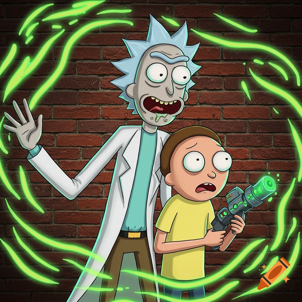 Rick and Morty stand in front of a glowing green portal in an alien ...