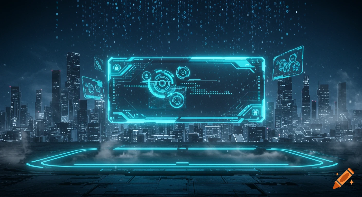 A dark, futuristic city skyline with glowing blue holographic ...