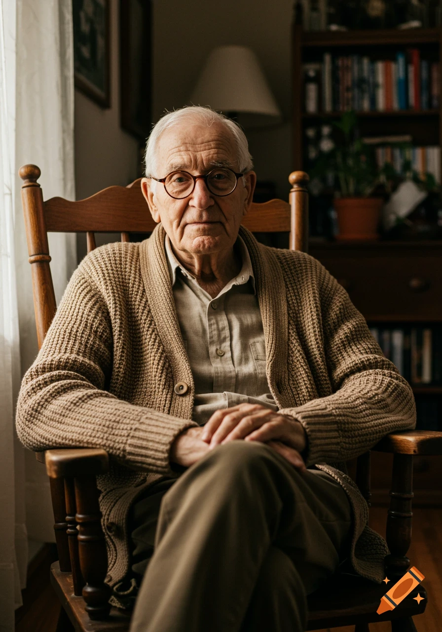 An elderly man with glasses and a cardigan sits in a rocking chair ...