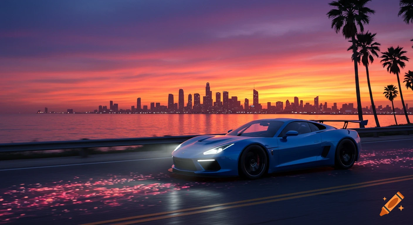 A classic blue car drives along a scenic coastal highway at sunset ...