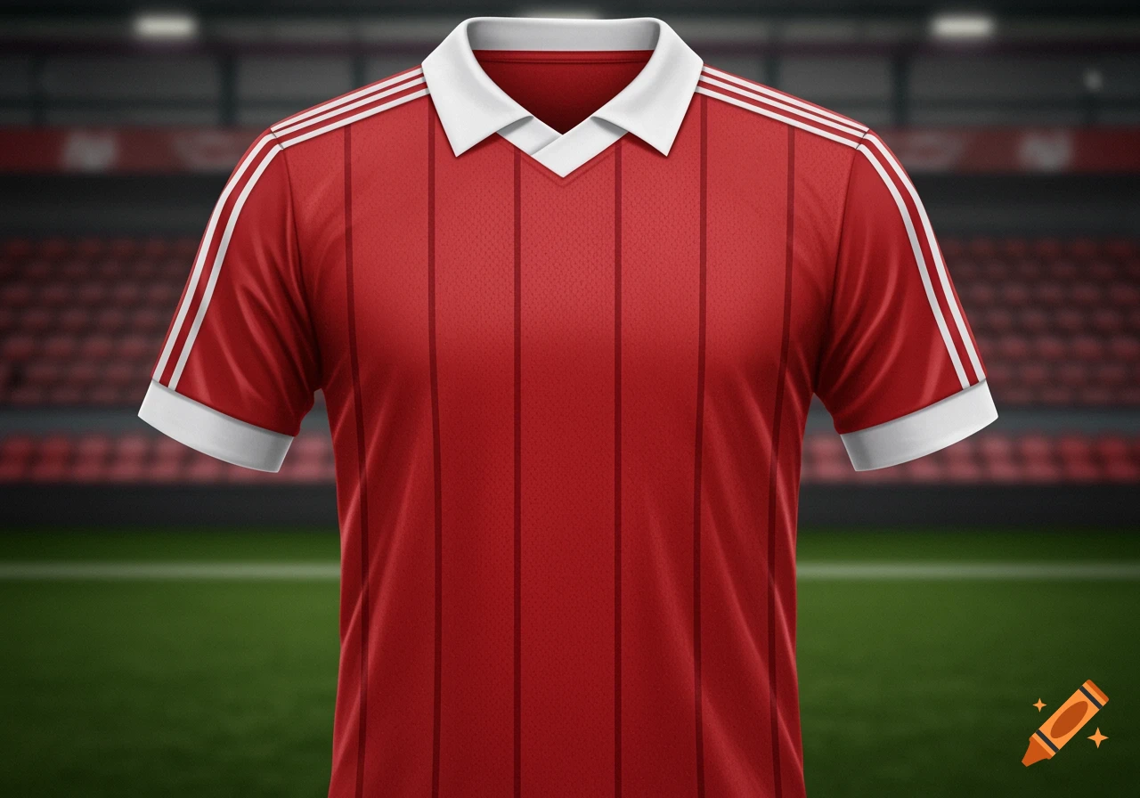 Red football shirt with white collar, white cuffs, and white shoulder ...