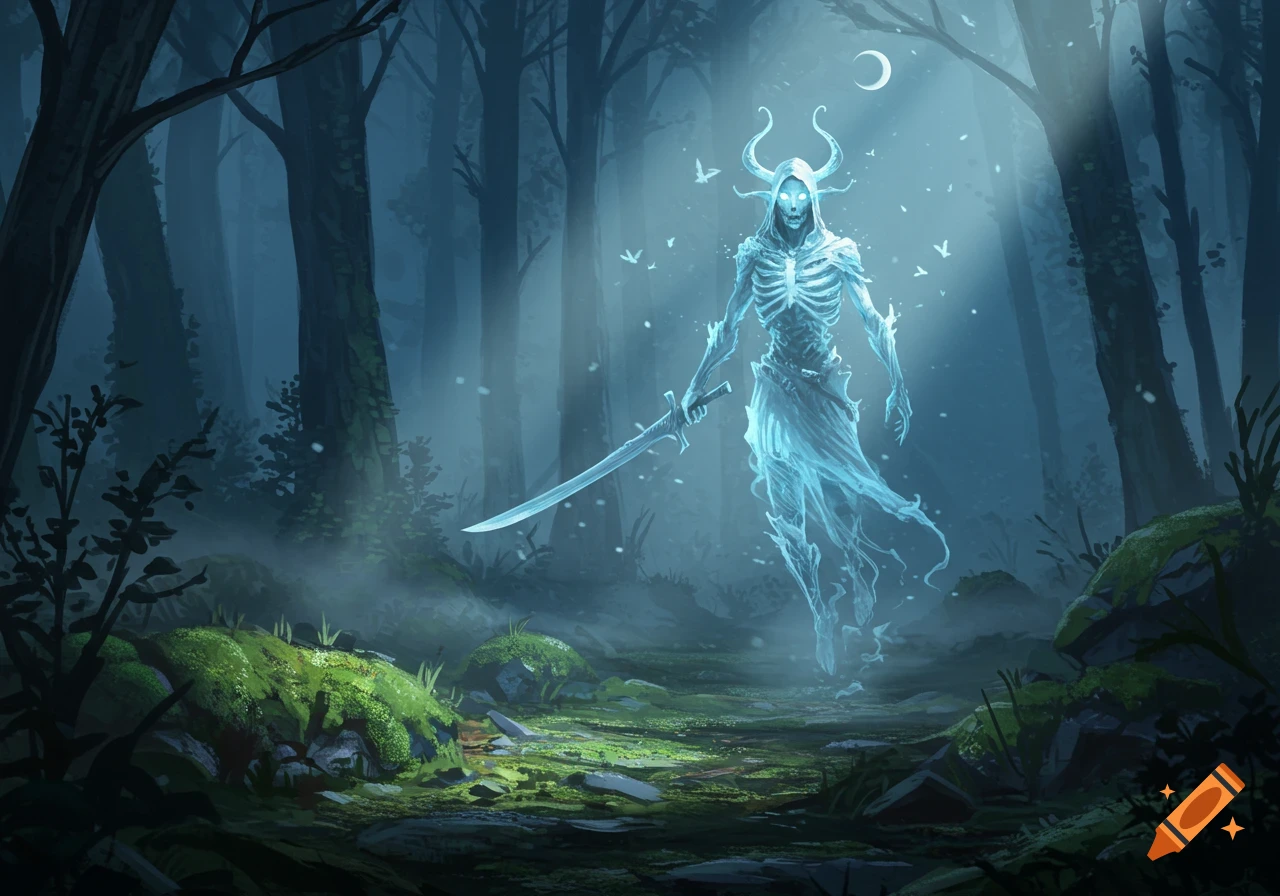 A glowing skeletal ghost figure with horns and a sword stands in a dark ...