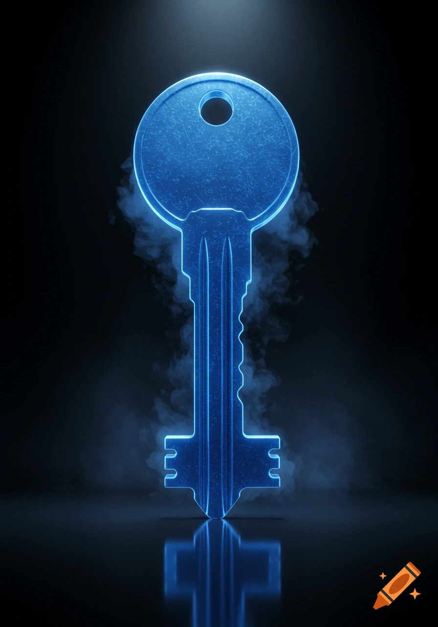 A shiny blue key standing vertically on a white background with a ...