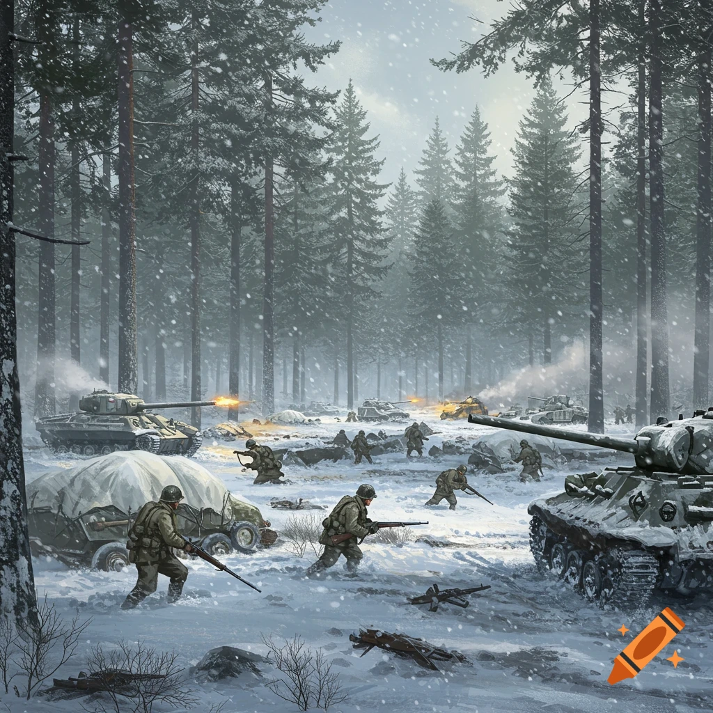 Soldiers and tanks battling in a snowy pine forest during winter, with ...