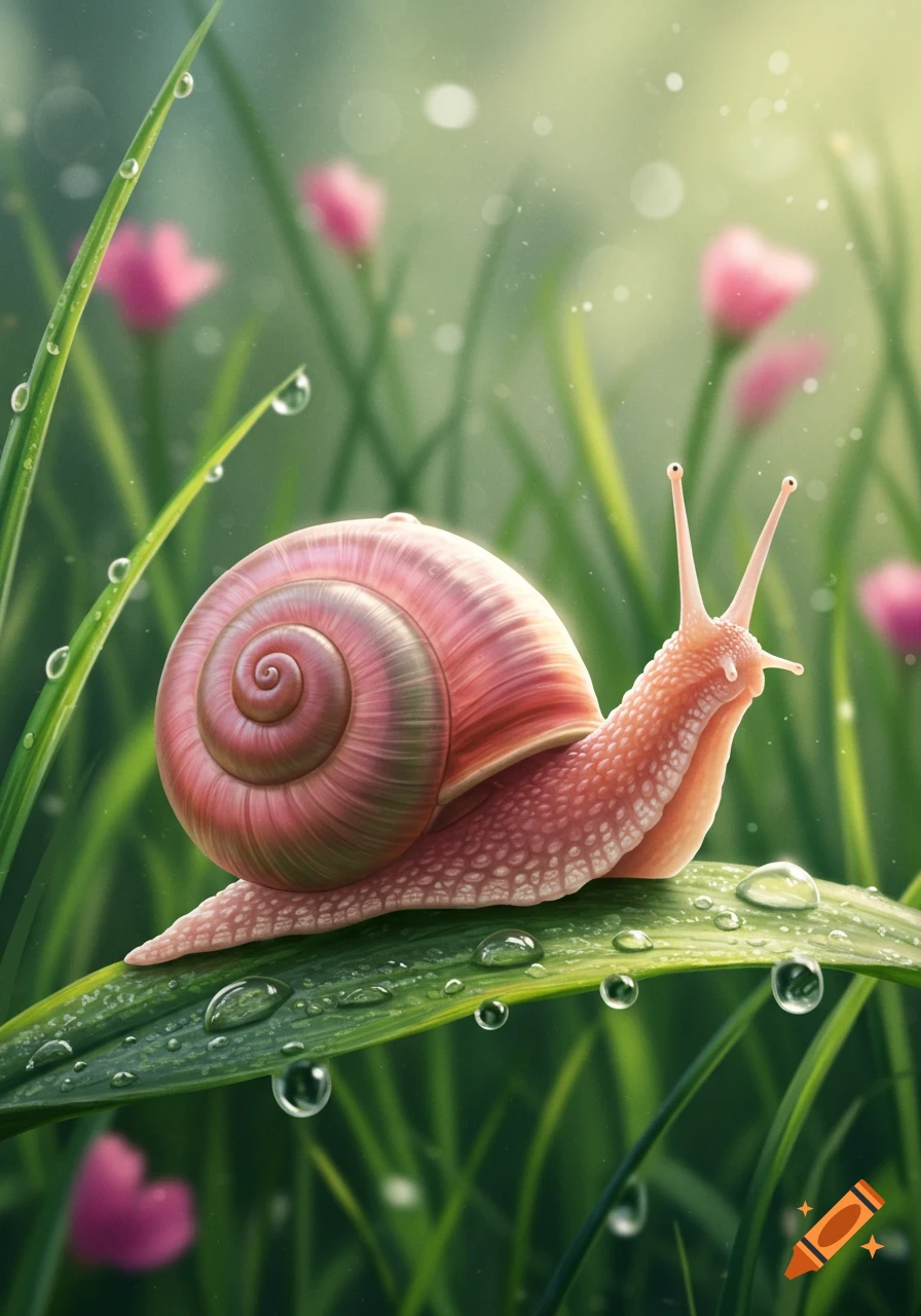 A white snail with a white shell crawls up a green stem in a forest ...
