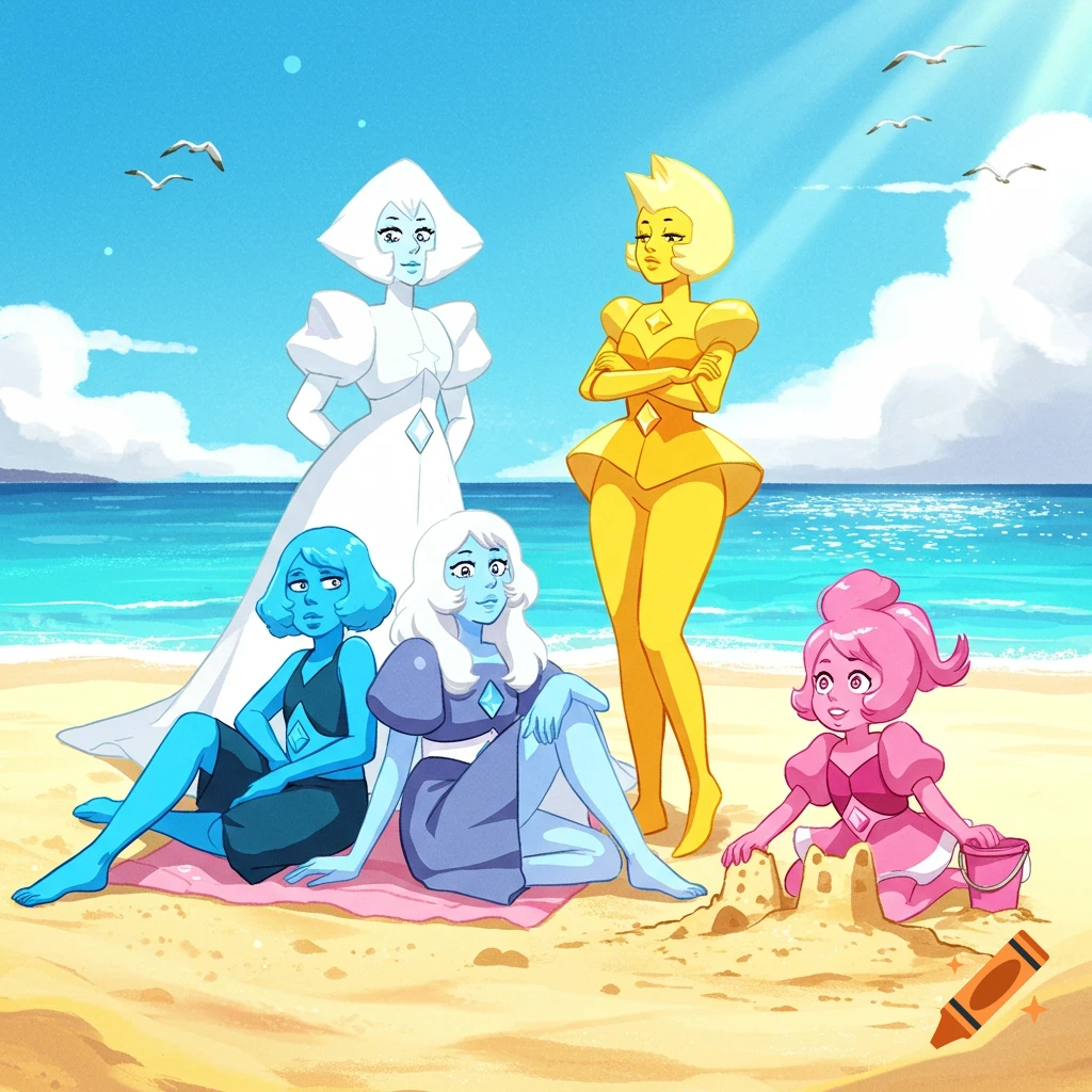 The four Diamond characters from Steven Universe relaxing on a sunny beach, with Pink Diamond ...