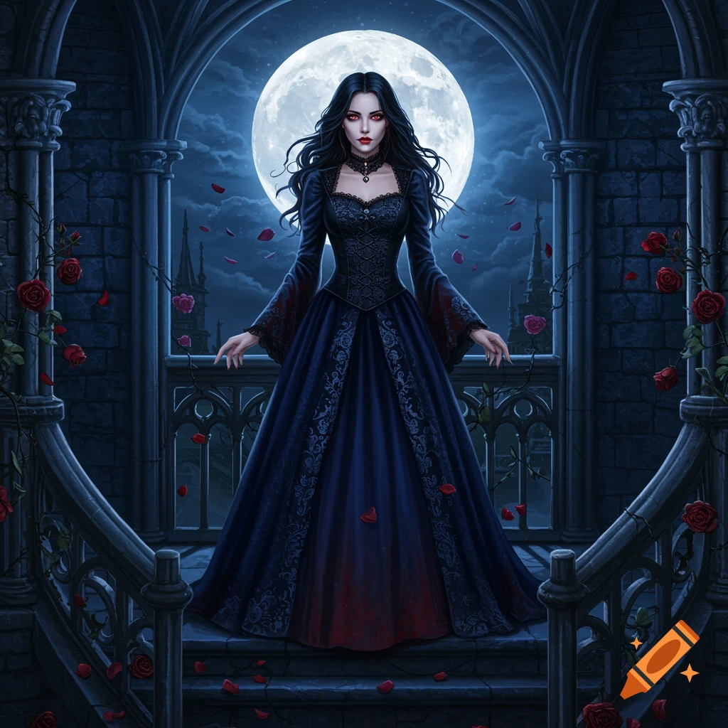 A gothic woman with long dark hair, wearing a black corset and dark red ...