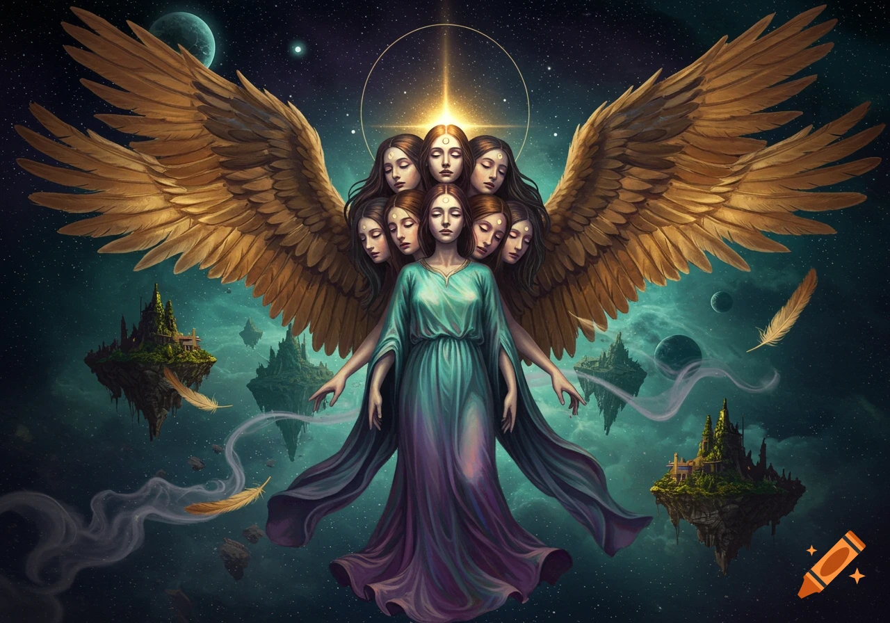 An ethereal angel with seven heads and large golden wings stands in a ...