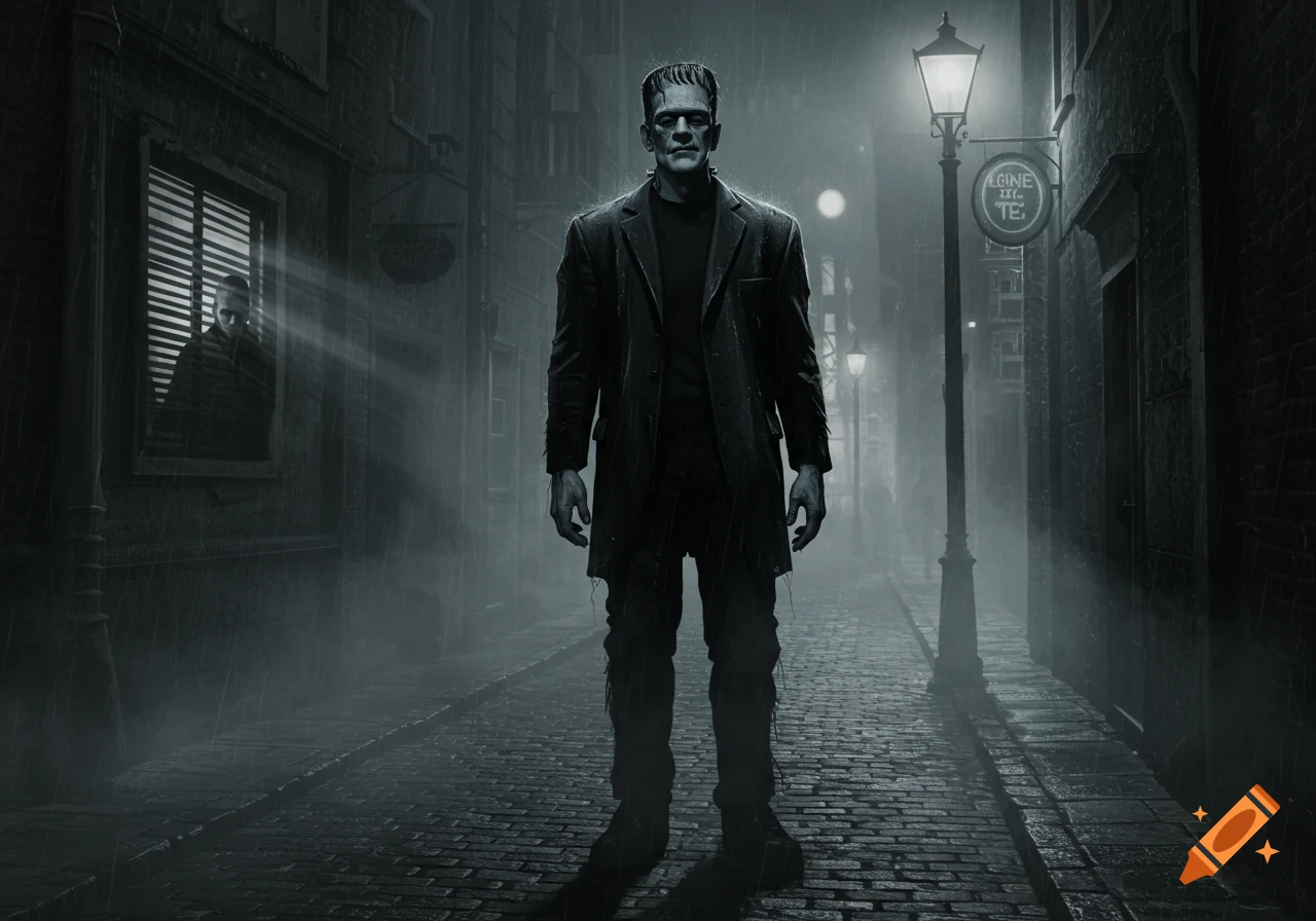 A black and white image of Frankenstein's monster standing in a dark ...