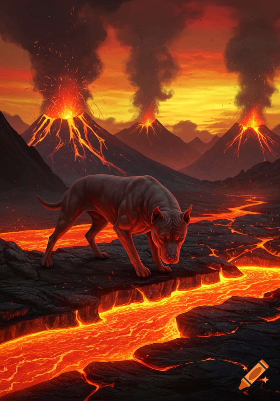 A red Bulbasaur stands on volcanic rock with an erupting volcano in the ...