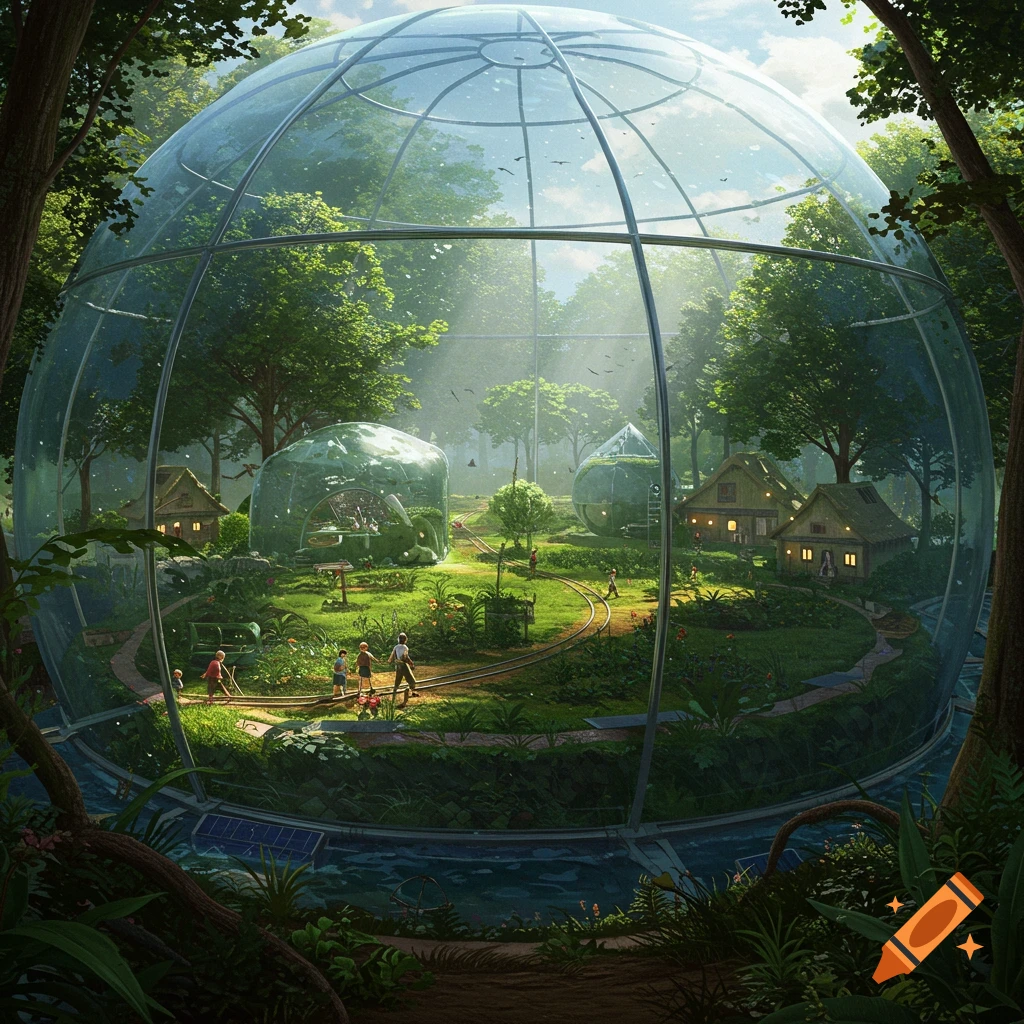 A panoramic view of a lush green utopian colony inside a giant glass dome, surrounded by dense ...