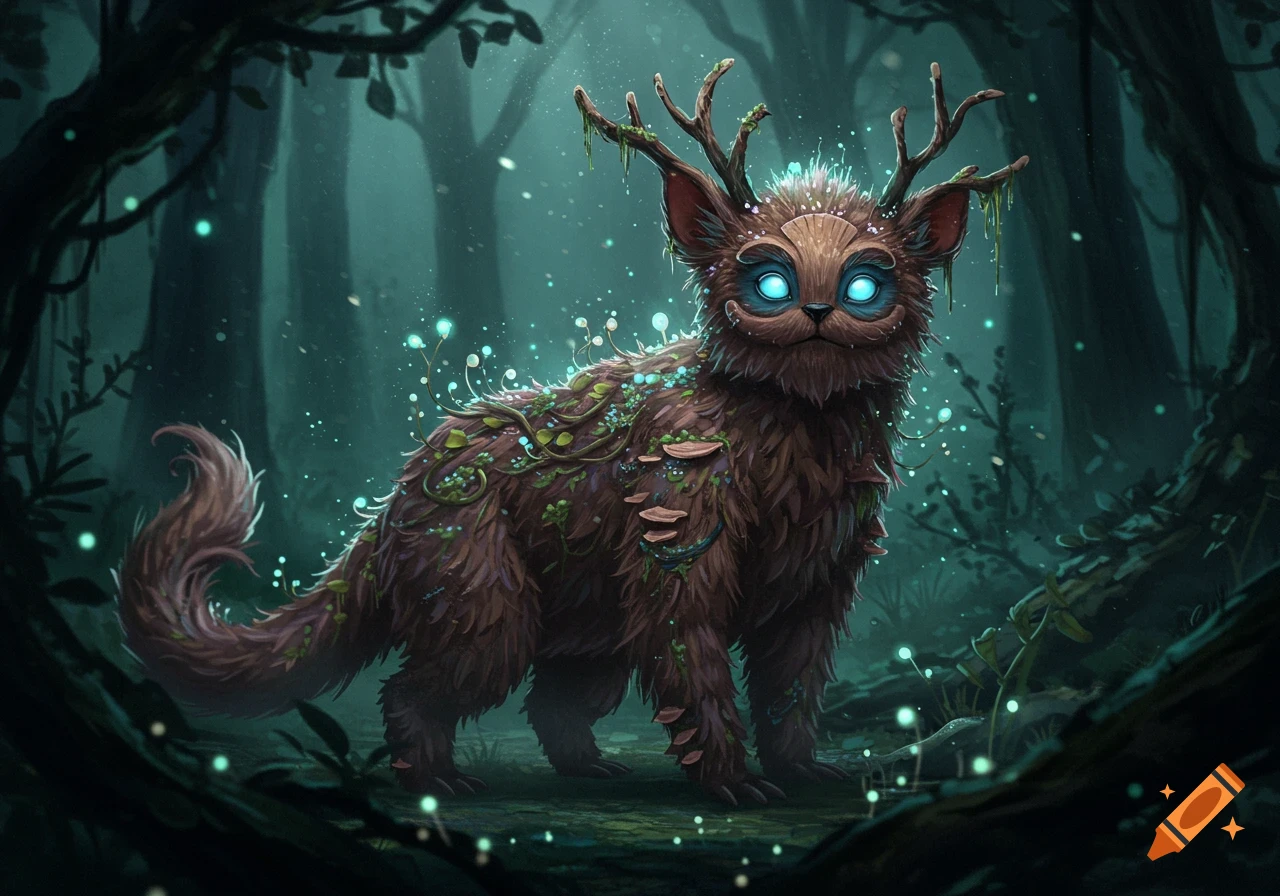 A magical brown furry creature with glowing blue eyes and small antlers ...