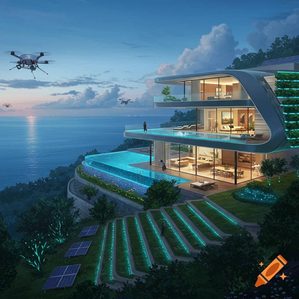 Futuristic cliffside house with infinity pool and solar panels ...