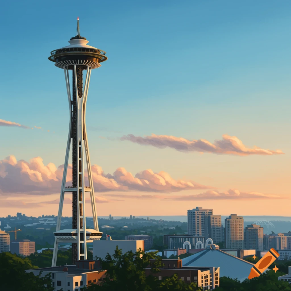 The Seattle Space Needle towers over a cityscape with trees and ...