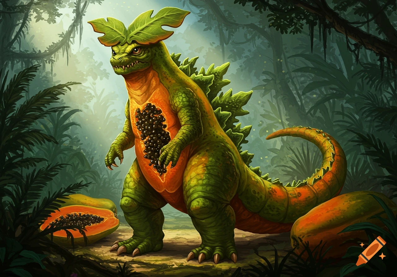 A green, scaly lizard-like creature with spiraled kudu horns and ears ...