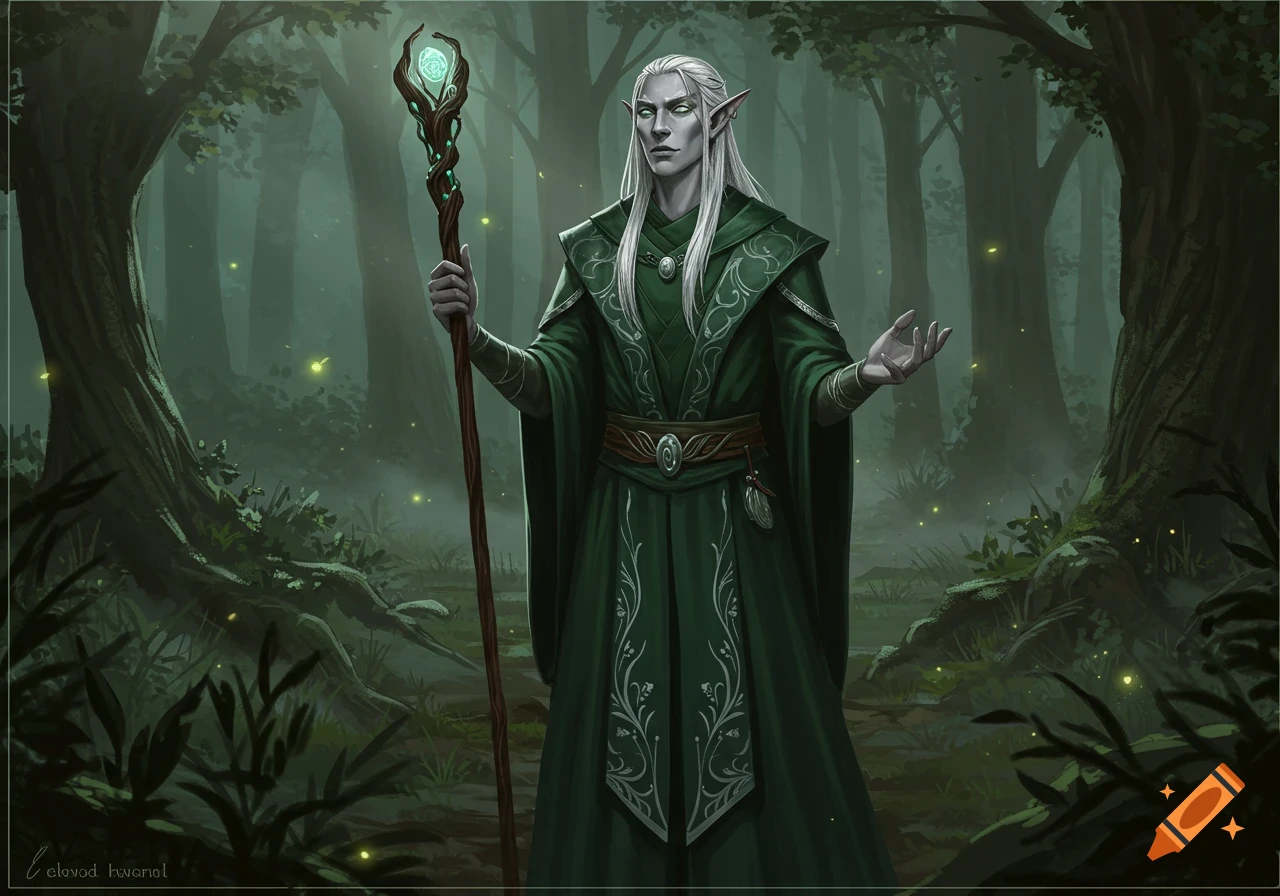 An old crone witch with long white hair holding a gnarled staff and ...