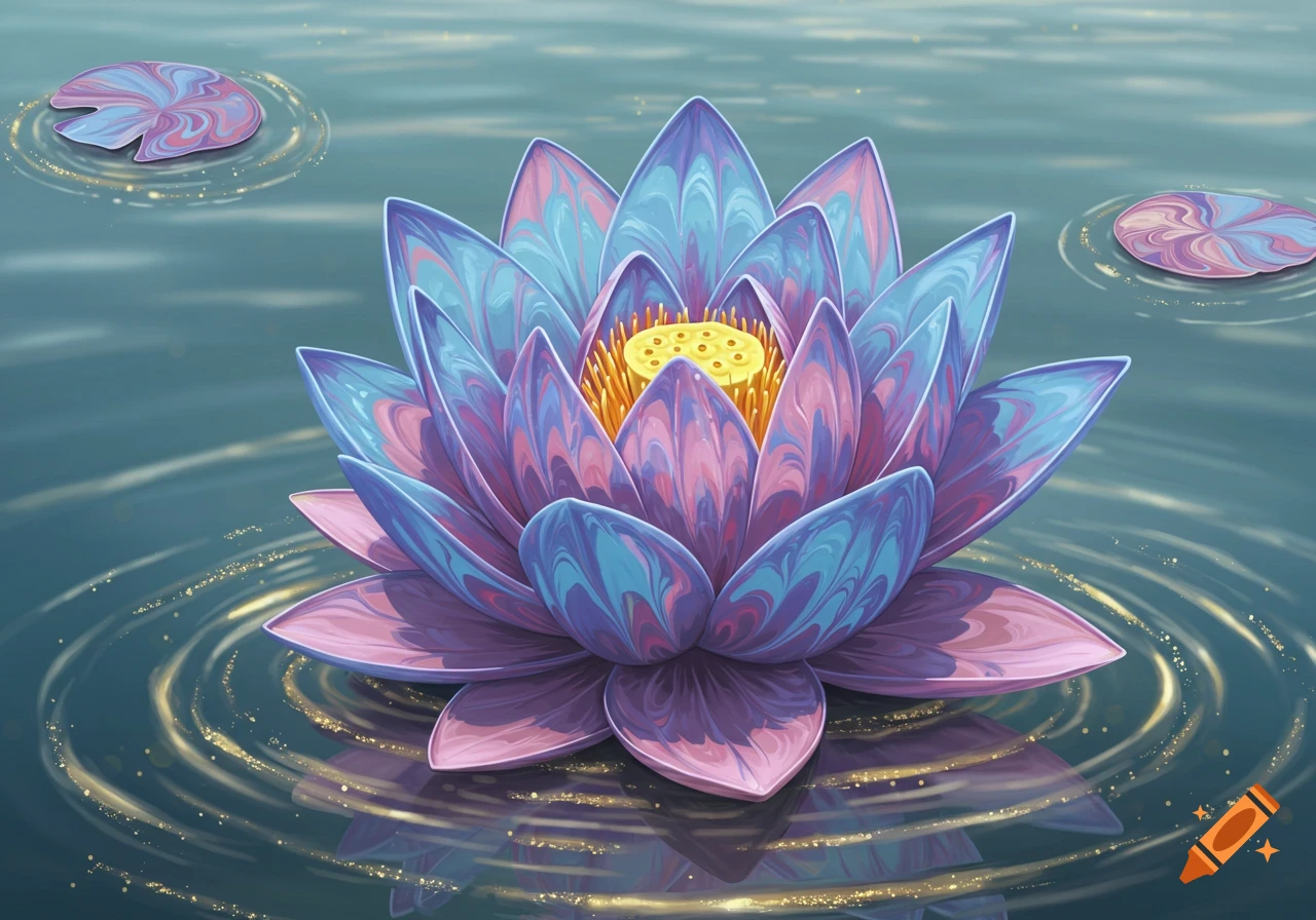 A vibrant, glowing lotus flower with pink, blue, and gold layers floats ...