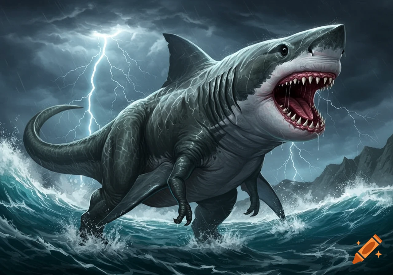 A fearsome tyrannosaurus great white shark hybrid roars in the shallow ...