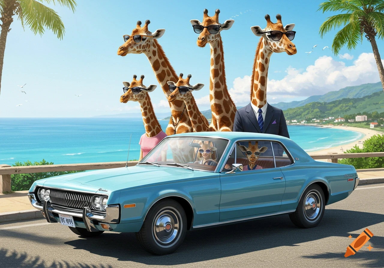 Illustration of a woman in a peach convertible driving on a coastal ...