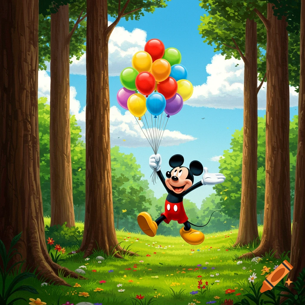 A Disney Pixar style poster with a large Mickey Mouse in the foreground ...