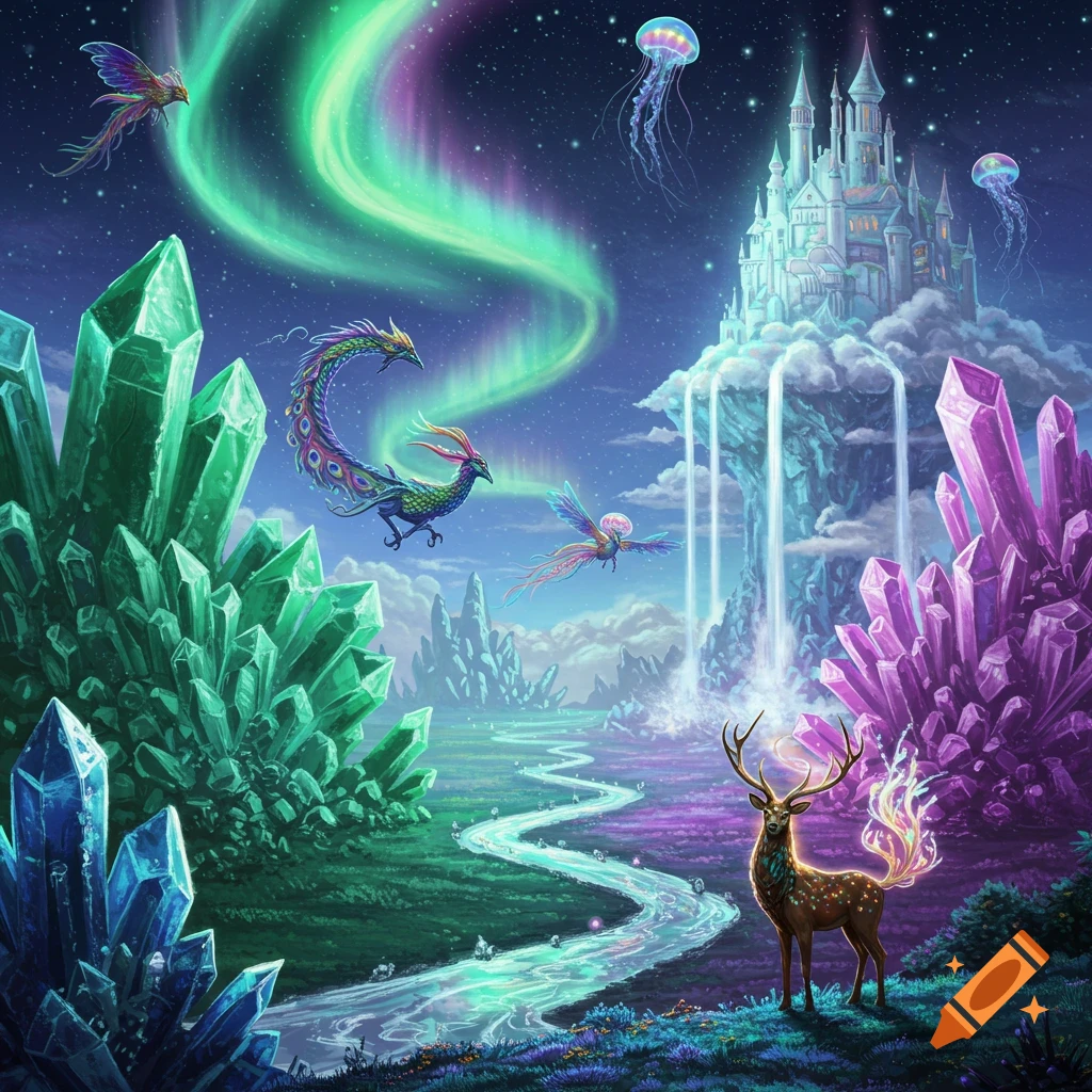 A vibrant fantasy landscape at night with green aurora, a glowing ...