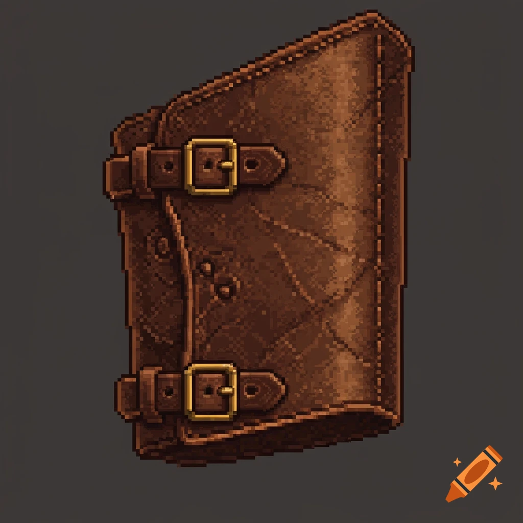 A pixel art brown leather bracer with two golden buckles on a dark gray ...