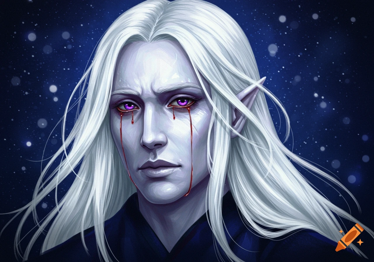 A close-up portrait of a pale-faced fantasy character with long white ...