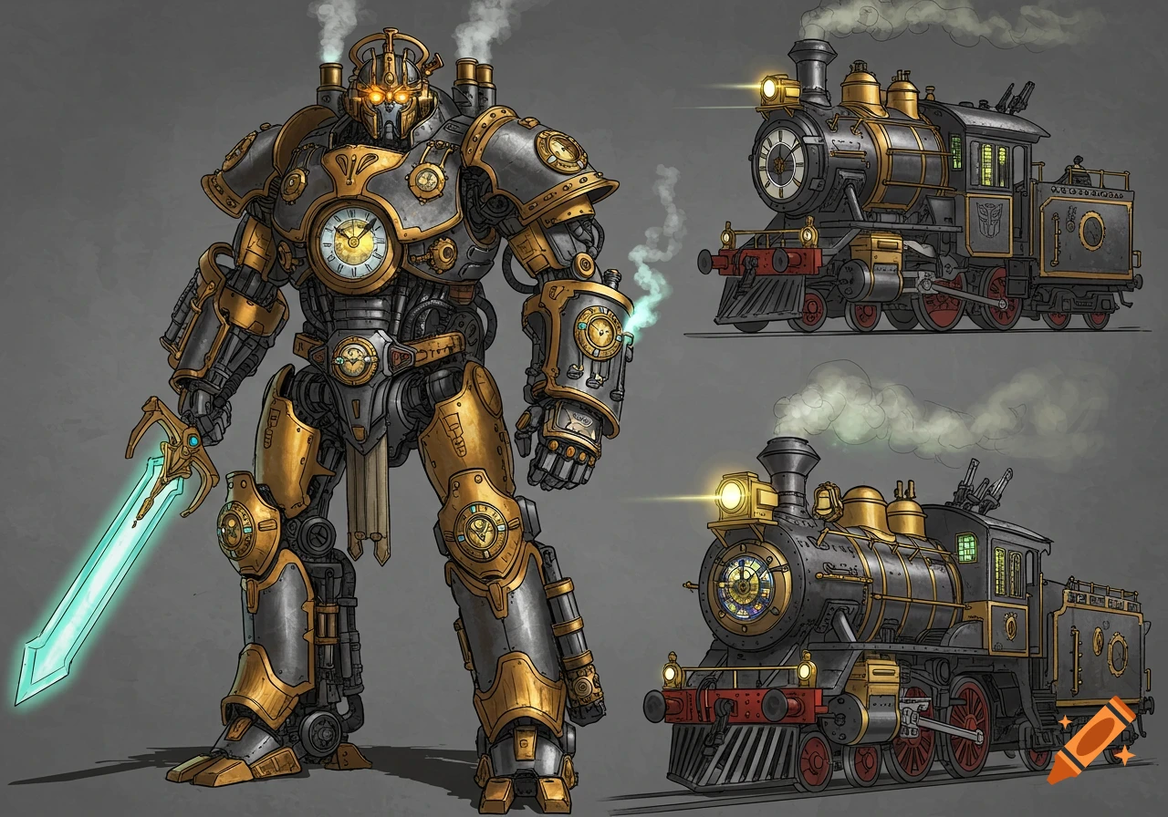 A detailed steampunk robot with a glowing sword stands next to two steampunk trains on a gray ...