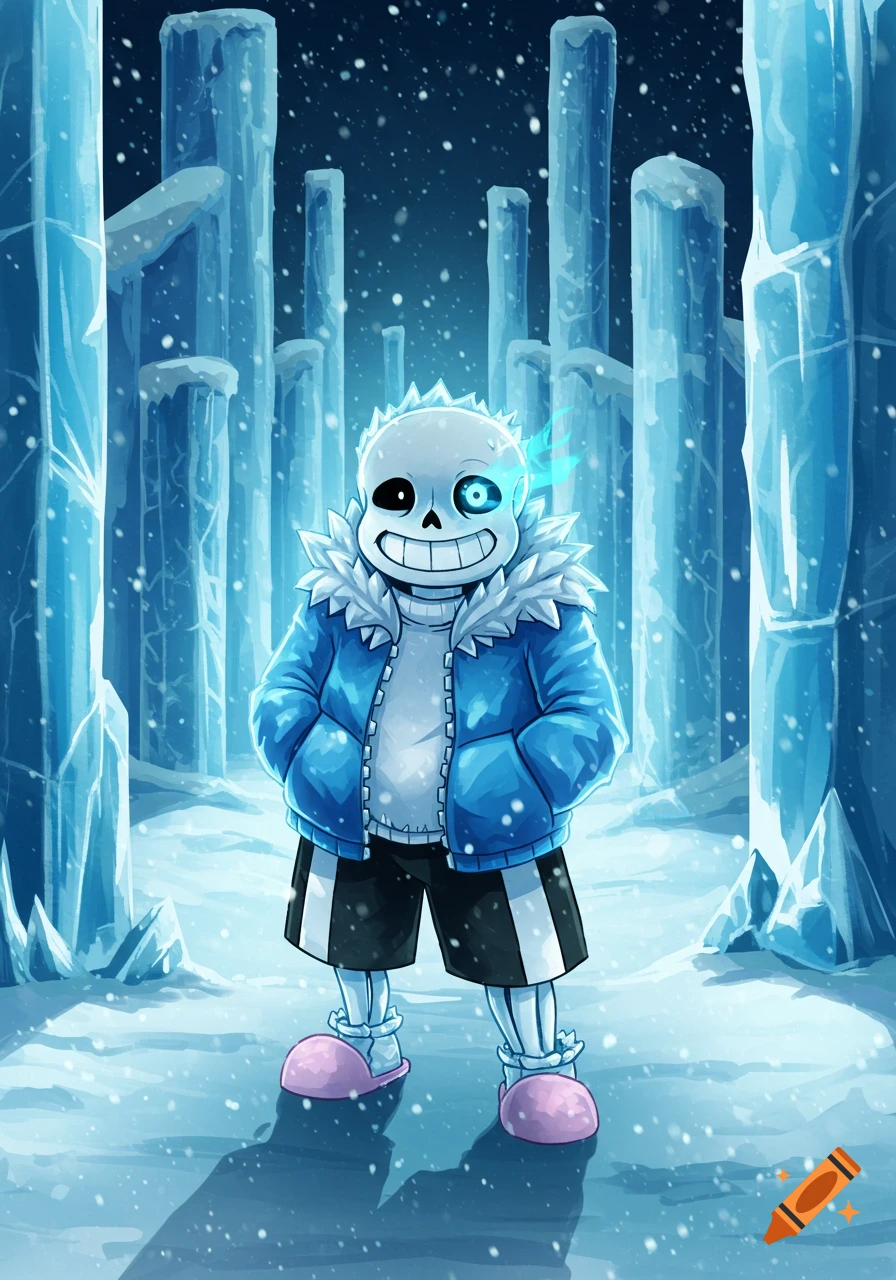A cartoon illustration of Sans from Undertale, a grinning skeleton ...