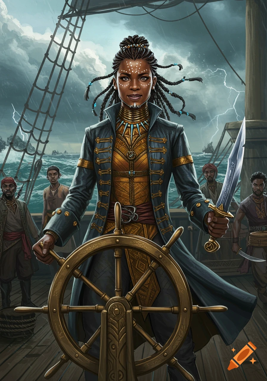 A powerful Black female pirate captain stands at the helm of a ship ...