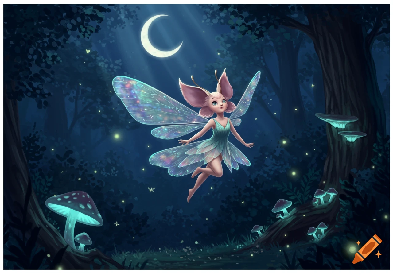 A glowing, ethereal fairy with large wings floats in a dark, magical forest filled with ...