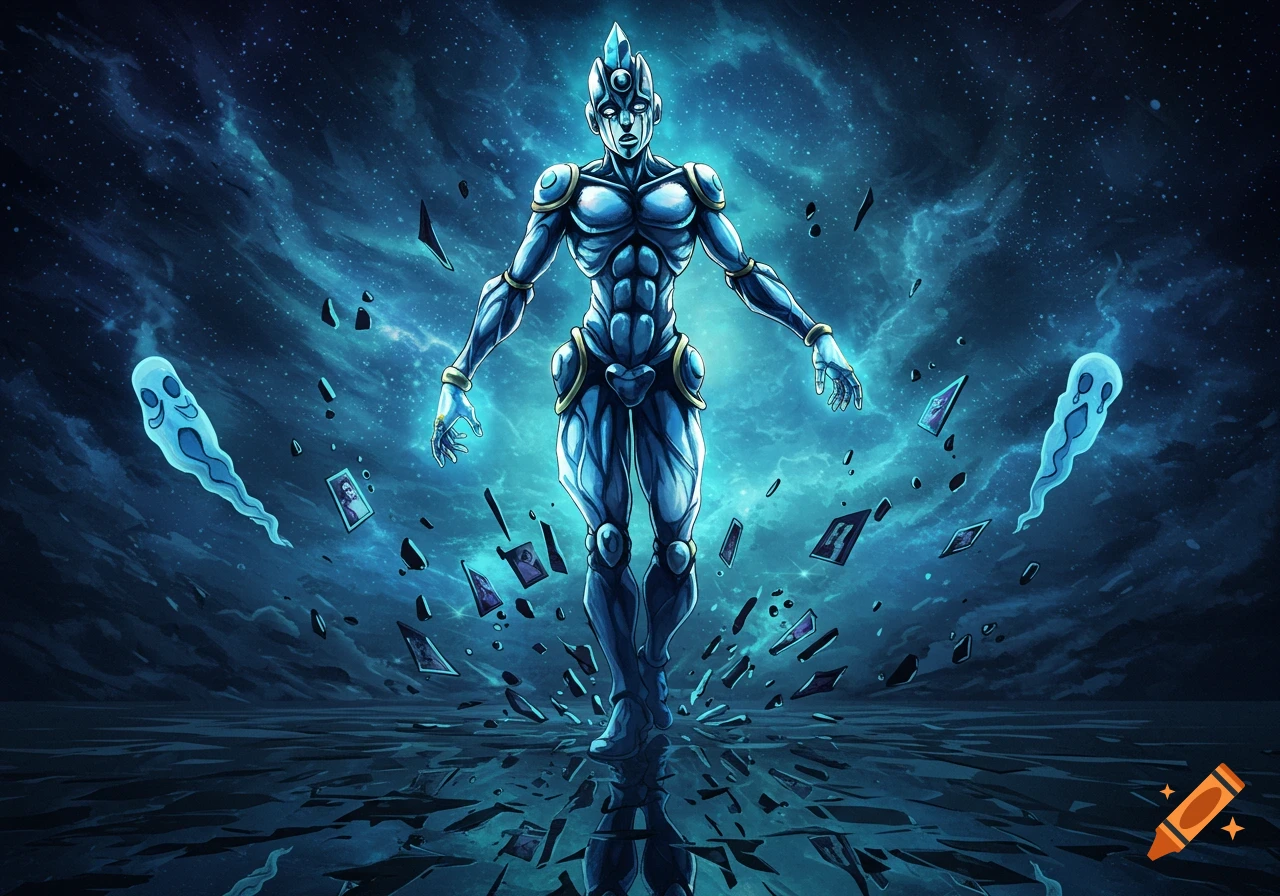 A muscular red and gold armored humanoid Jojo Stand stands amidst pink ...