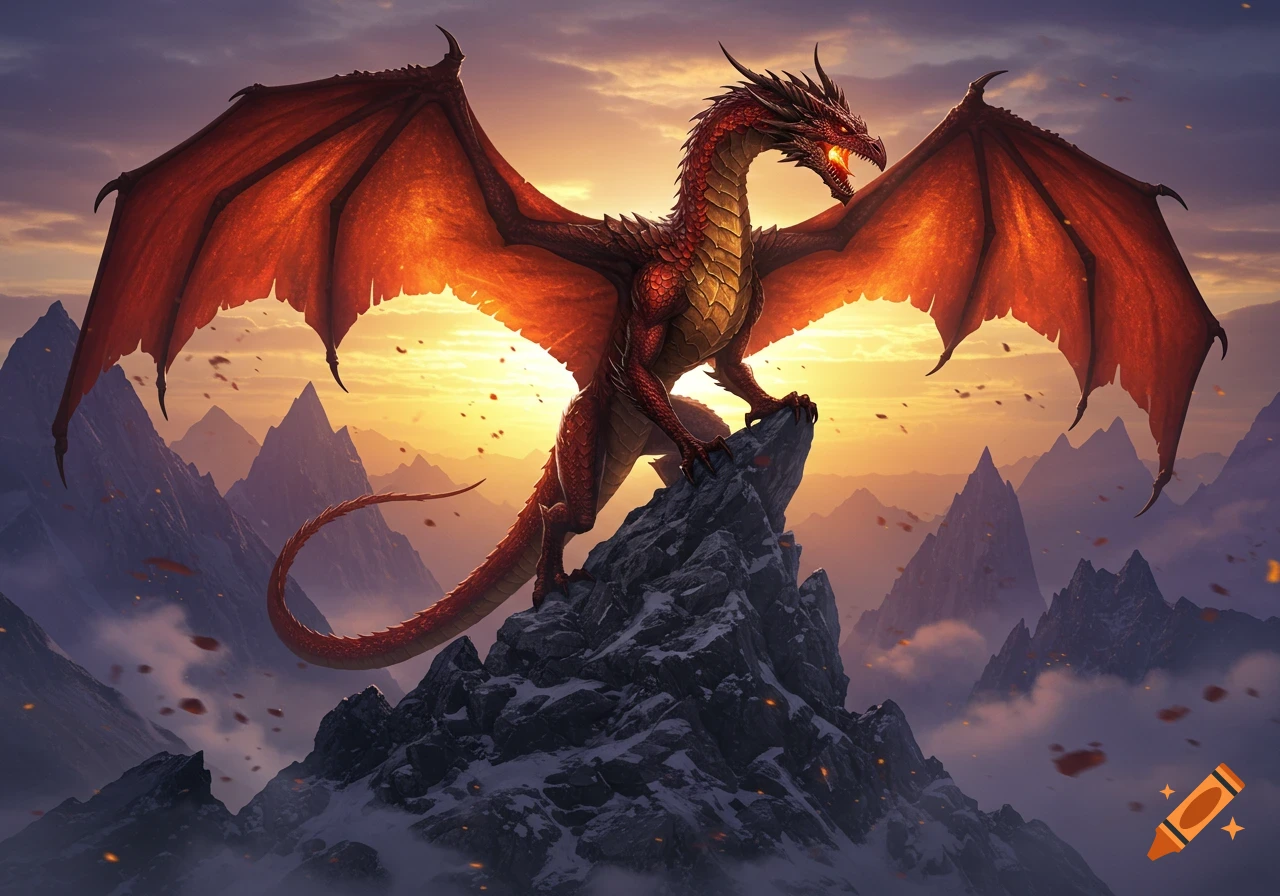 A majestic red dragon with large fiery wings perched atop a snowy mountain peak at sunset ...